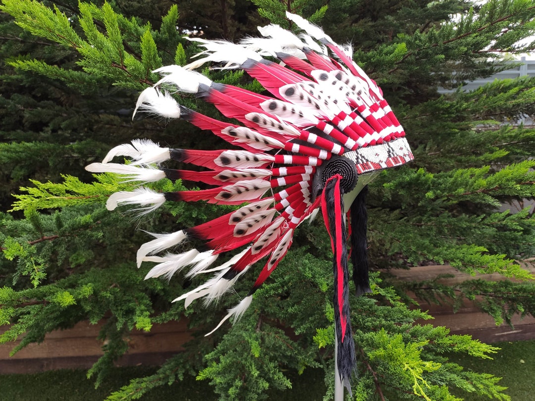 Short Red Indian Headdress Replica Made With Red Swan Feathers and ...