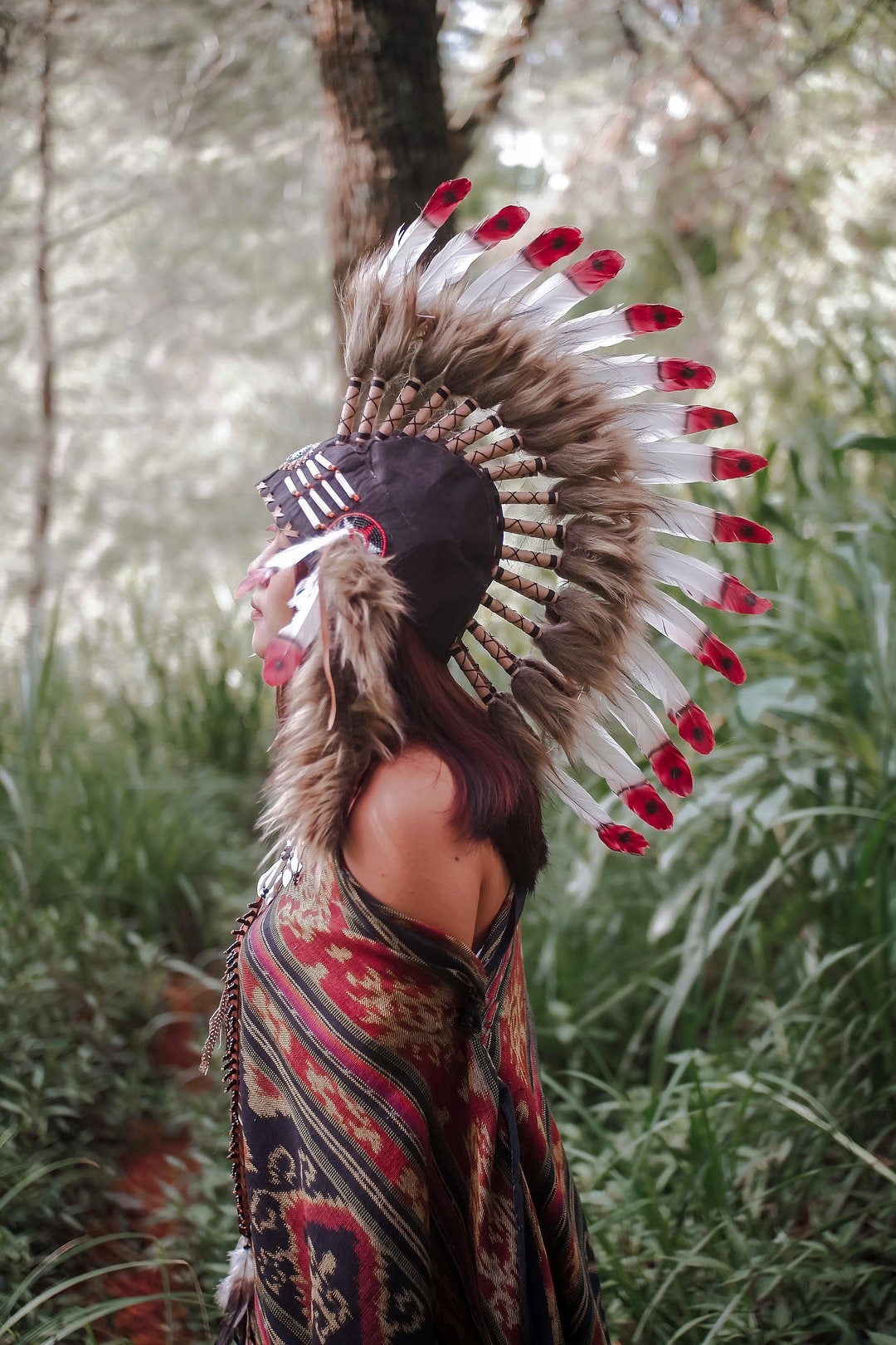 White and Red Native Mohawk , Indian Costume Feather Headdress , White ...