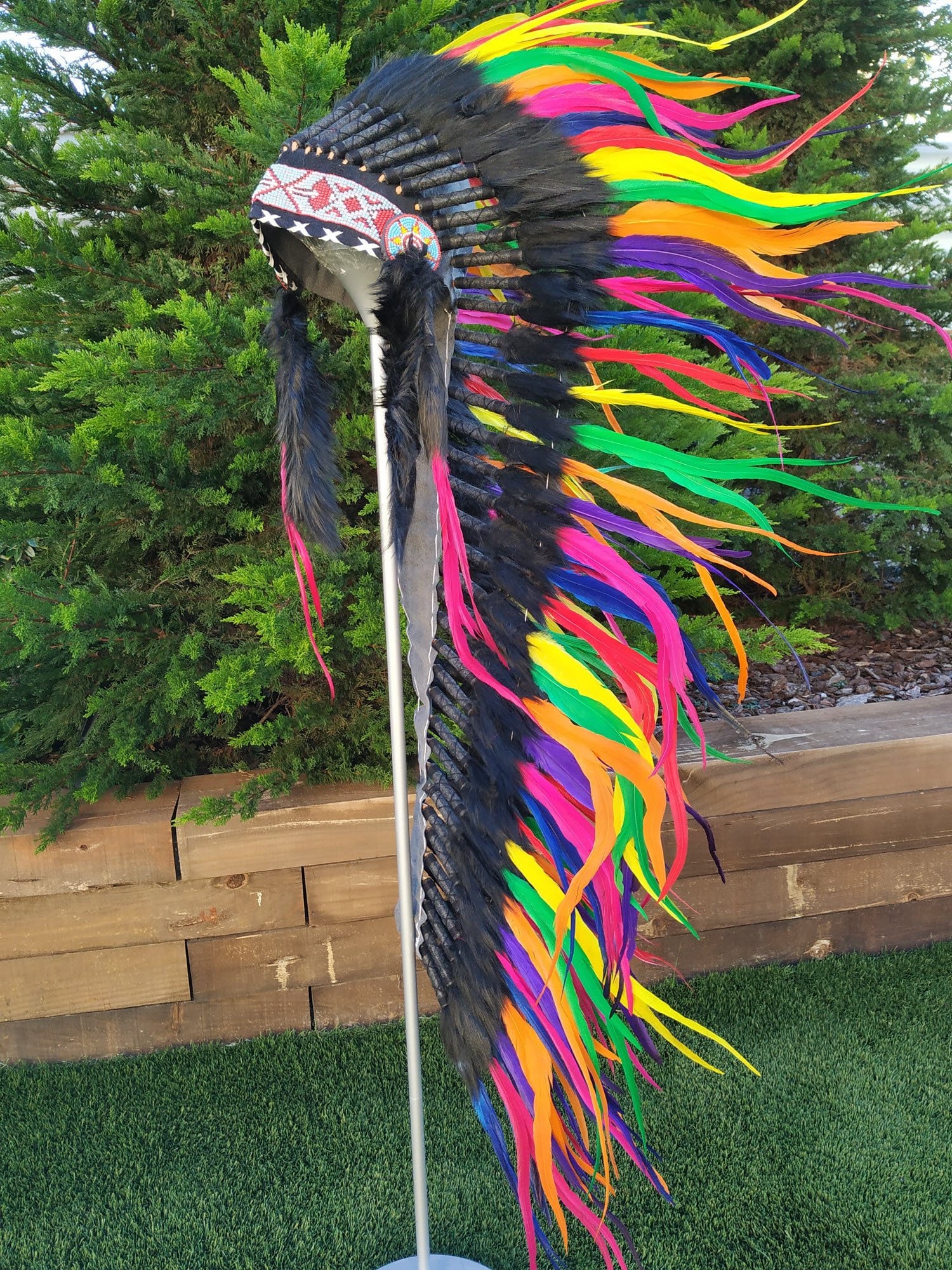 Mani Long Rainbow Indian Headdress Replica Made With Rooster Dyed ...