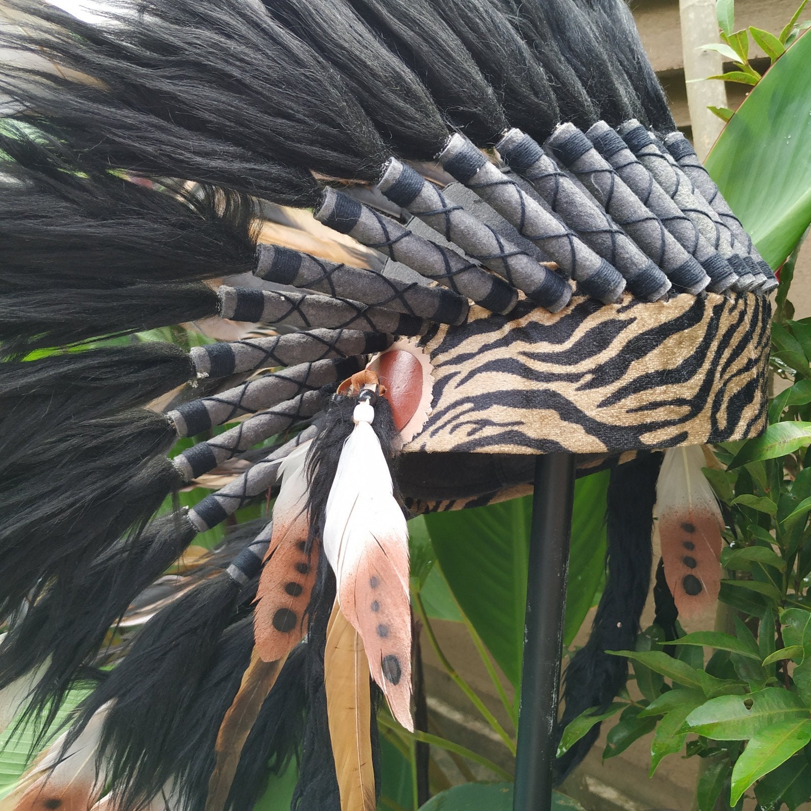 Short Indian Headdress Brown Zebra Animal headband with large | Etsy