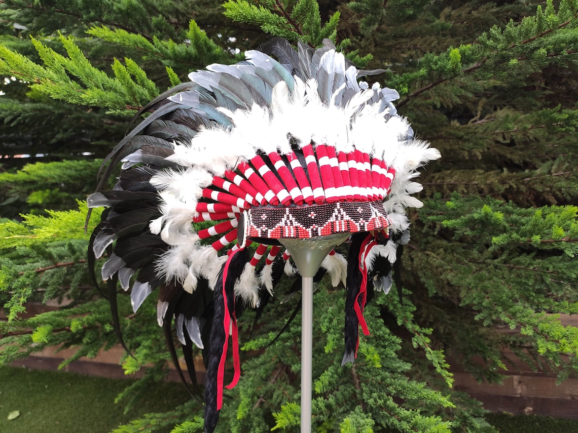 Short Red Indian Headdress Replica Made With Rooster Patinted - Etsy