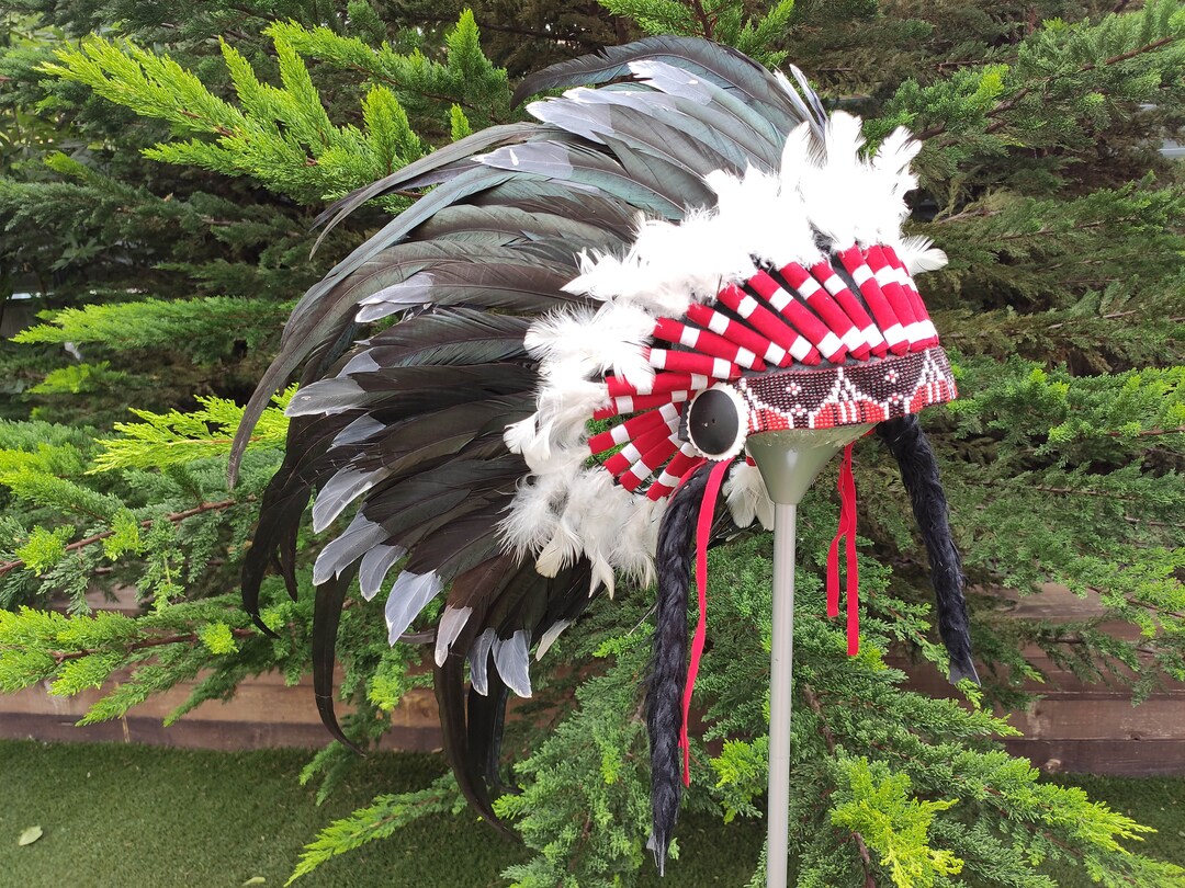 Short Red Indian Headdress Replica Made With Rooster Patinted Grey on ...