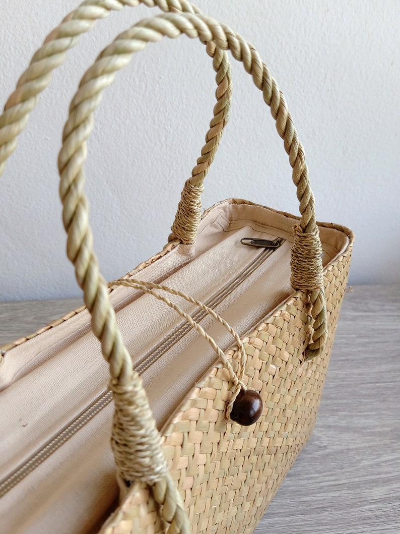 Straw Handbag With Inner Cotton and Pocket. Summer Wicker Purse. Square Straw Bag. Woven Straw ...