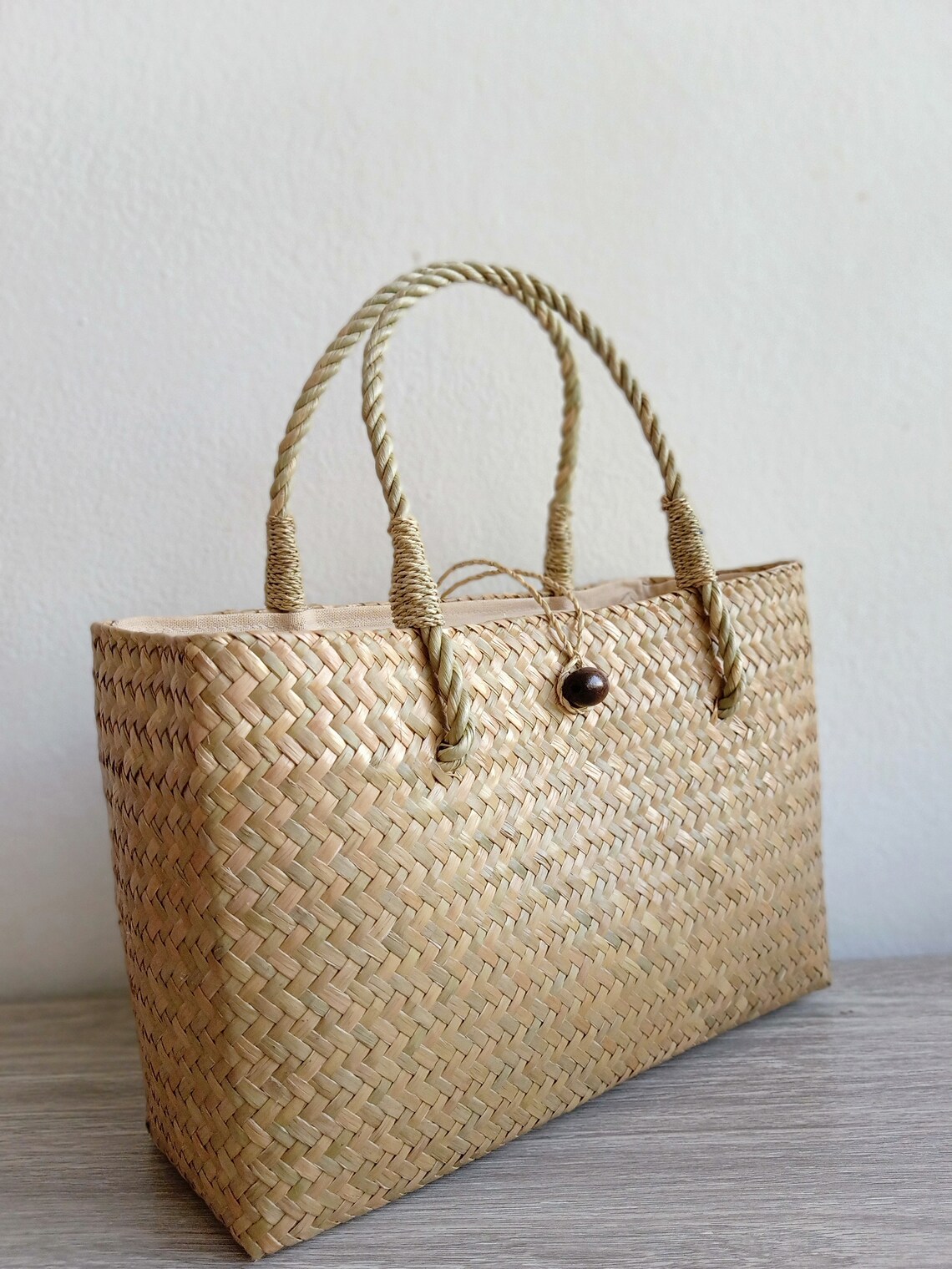 Straw Handbag With Inner Cotton and Pocket. Summer Wicker Purse. Square ...