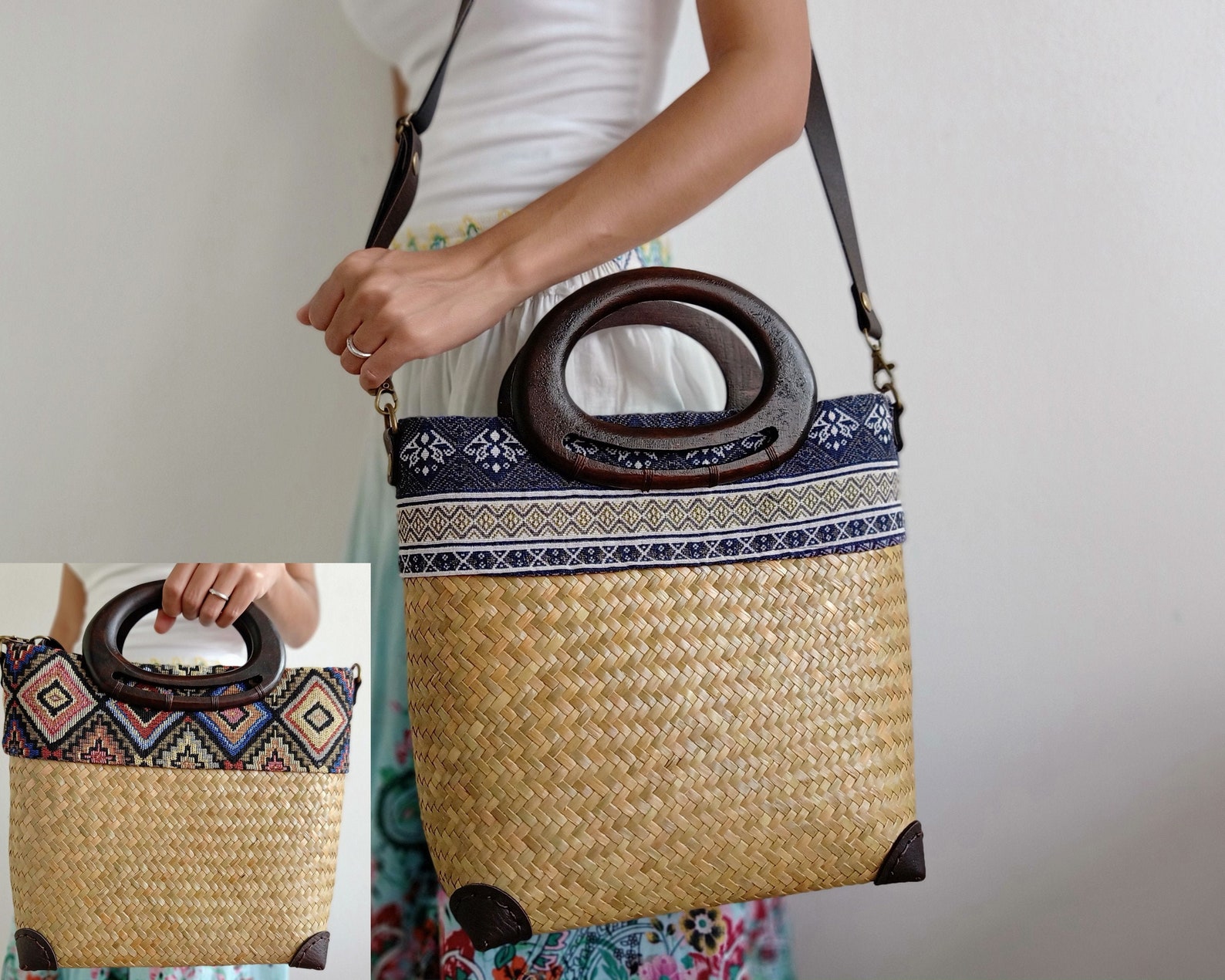 Straw Handbag or Shoulder Bag Natural and Blue or Brown. Wicker Purse ...