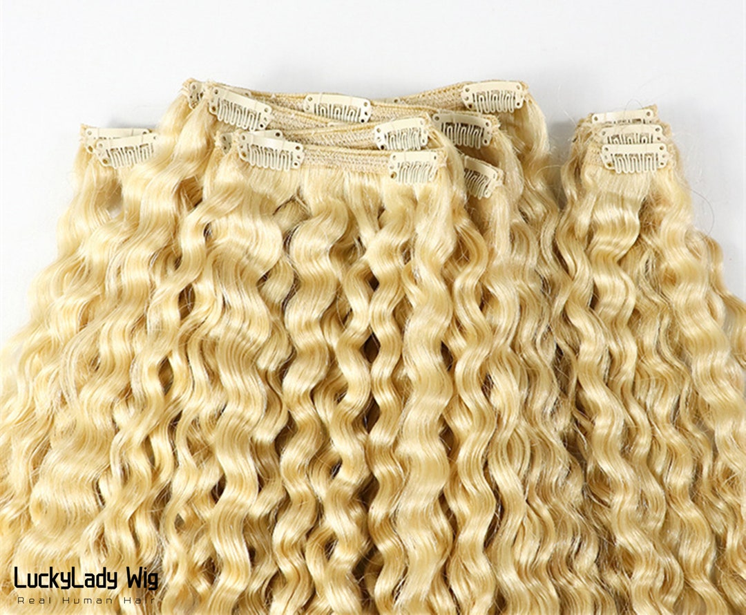 613 Blonde Clips in Hair Weft Human Hair Extensions Clips on Deep Wave ...