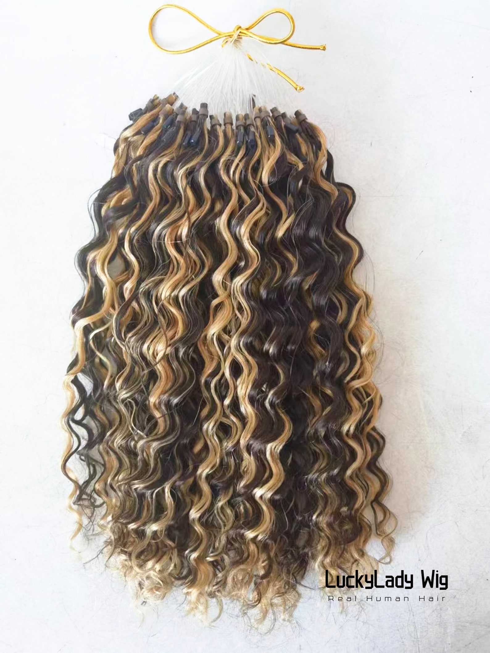 Highlight Brown Deep Wavy Micro Beads Hair Extensions Real Human Hair ...