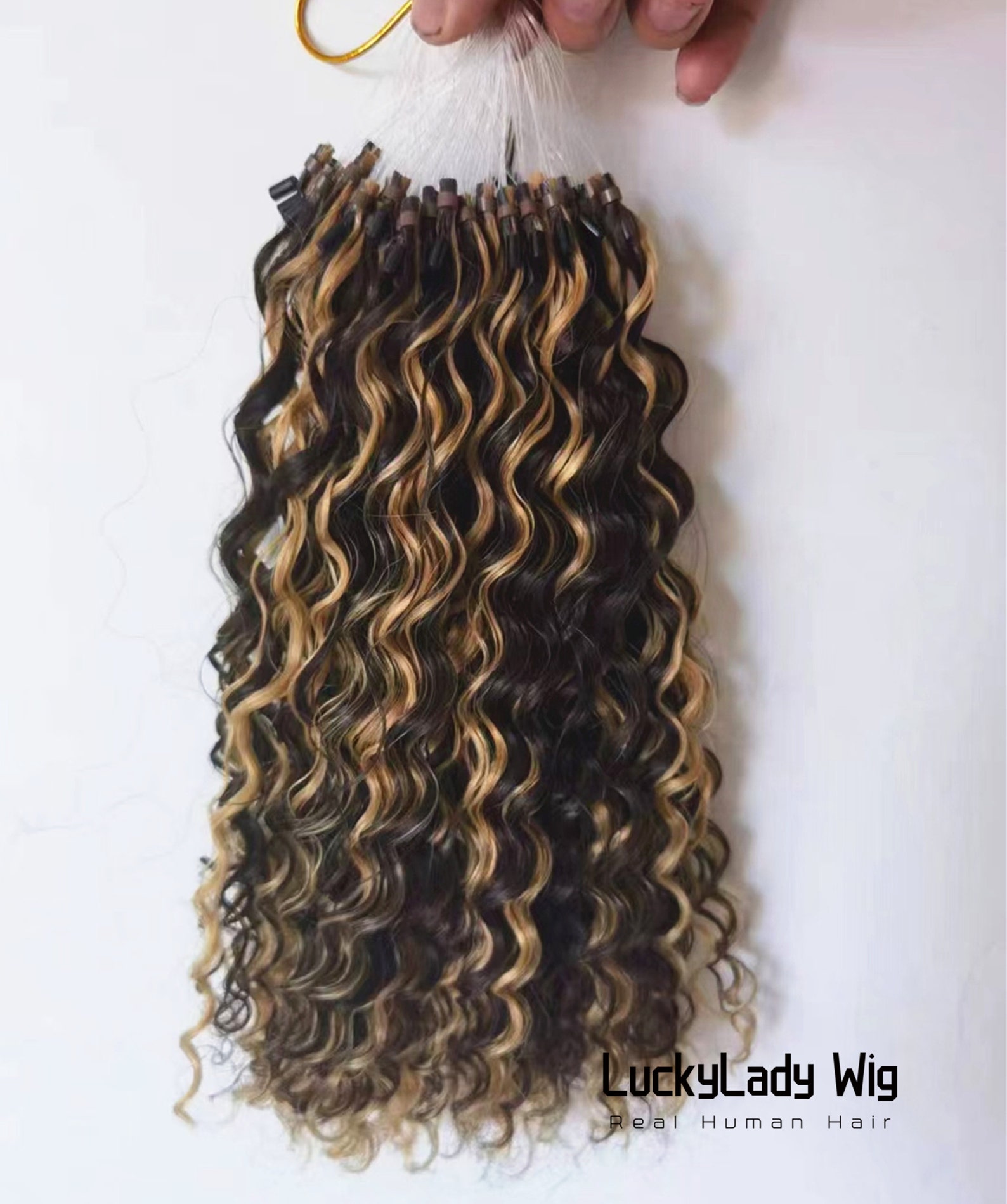 Highlight Brown Deep Wavy Micro Beads Hair Extensions Real Human Hair ...