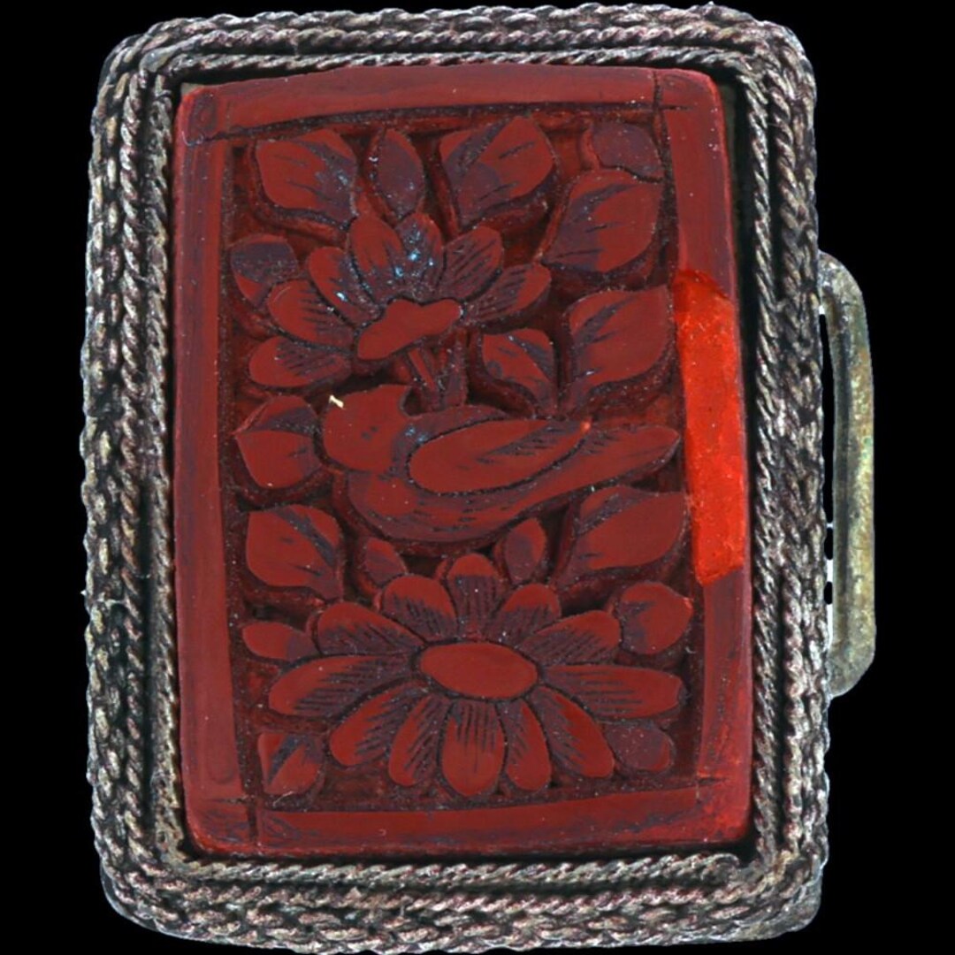 1" Cinnabar Bird Floral Red Silver Rectangular Vintage Belt Buckle ...