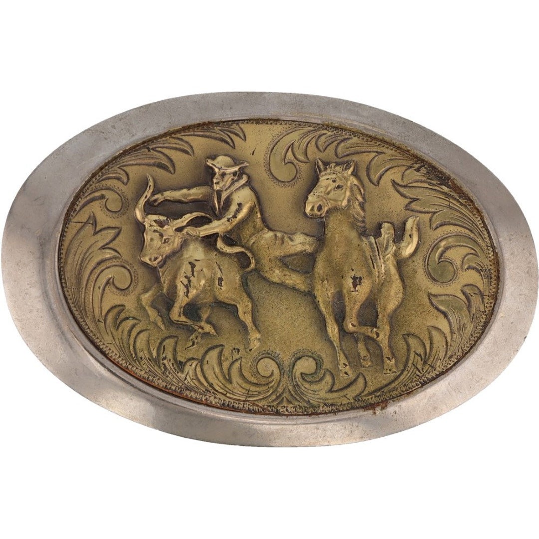 Bulldogging Steer Wrestling Rodeo Cowboy Cowgirl Horse 80s Vintage Belt ...