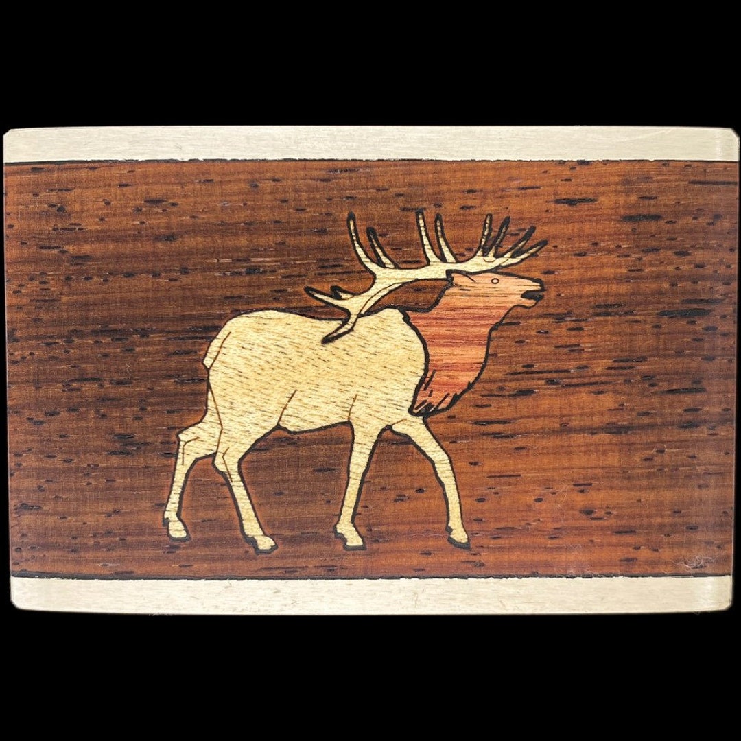New Brass Exotic Wood Inlay Elk Deer Stag Artwork Hunter Hunting ...