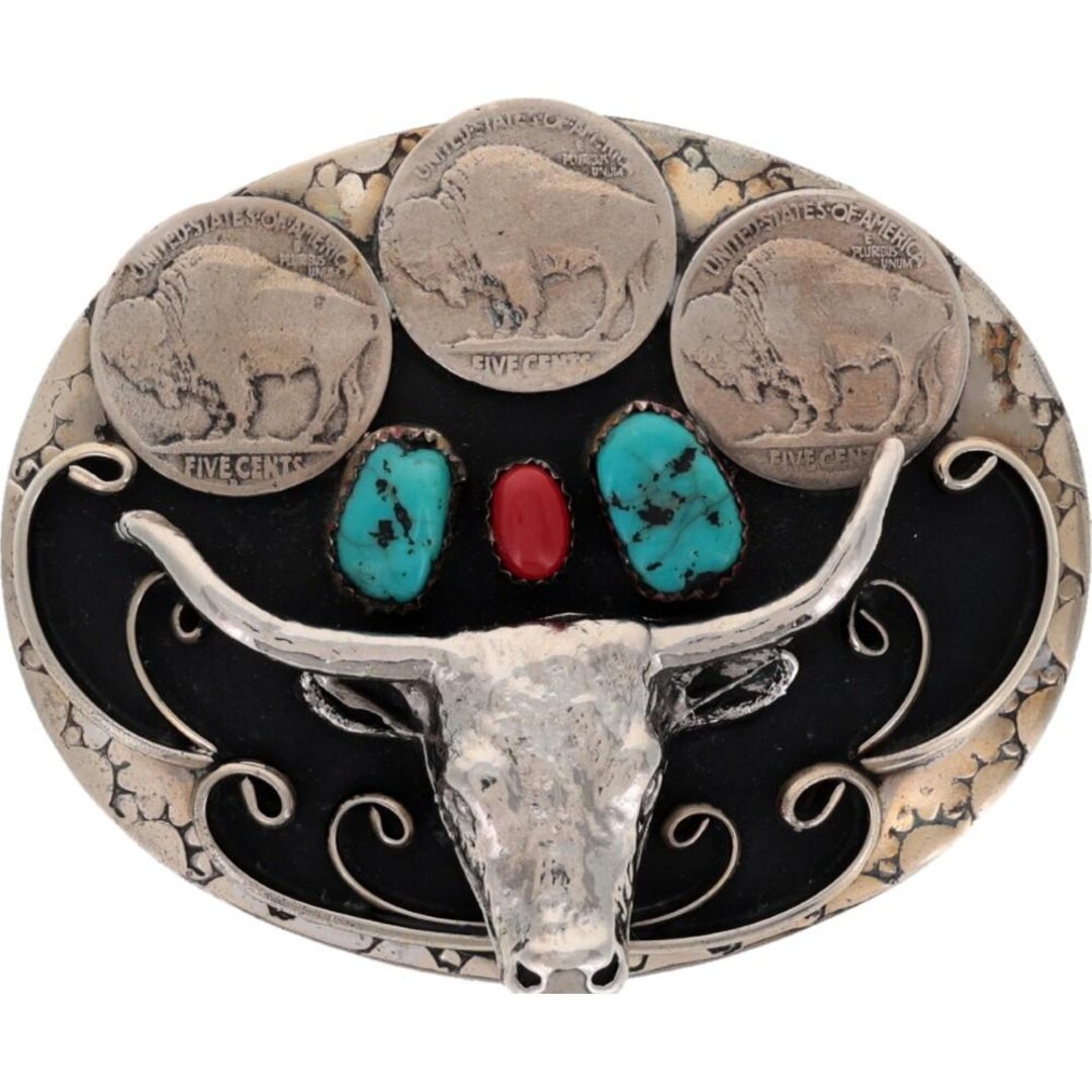 New N Silver Buffalo Nickel Bison Coin Longhorn Turquoise Coral Western ...