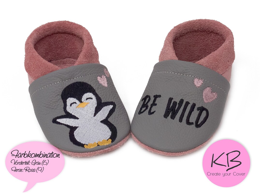 Personalized Crawling Shoes, Leather Slippers With Name and Penguin ...
