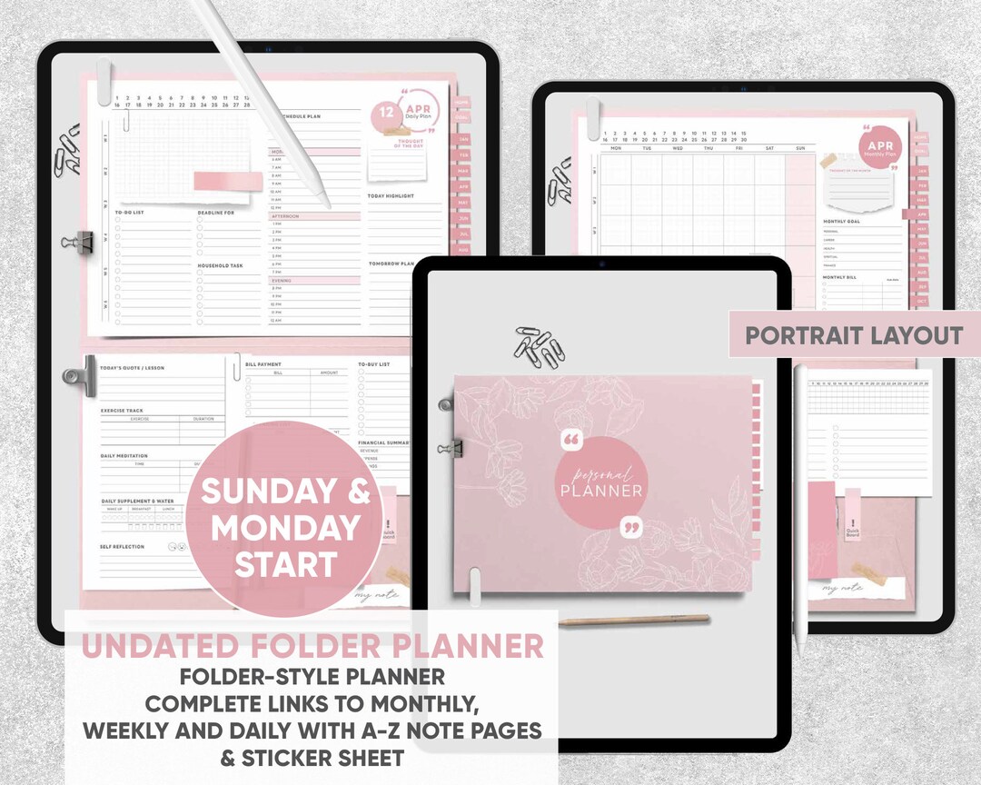 Undated Folder Portrait Planner Folder-style Planner With Monthly ...