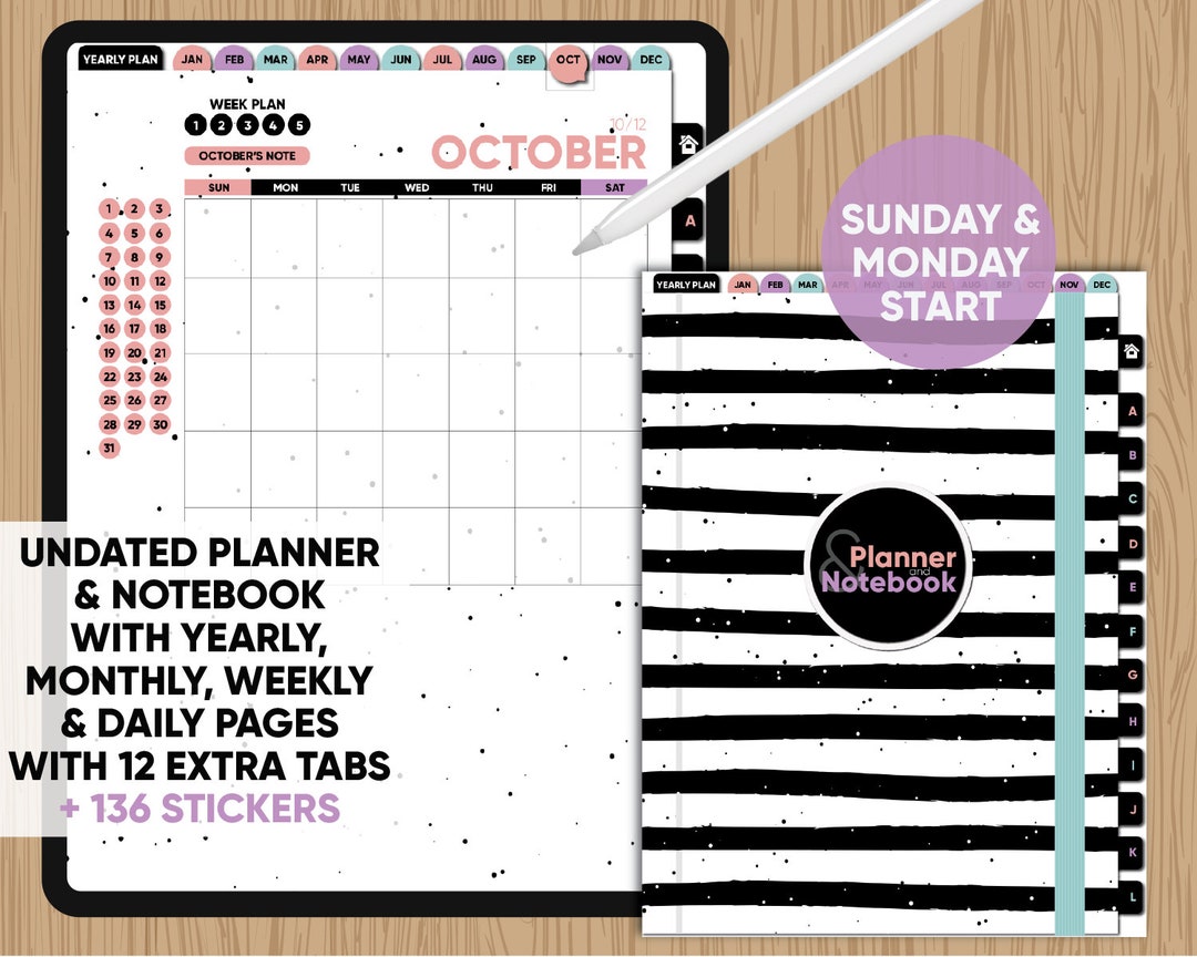 DIGITAL Portrait Undated Planner and Notebook sun & Mon - Etsy