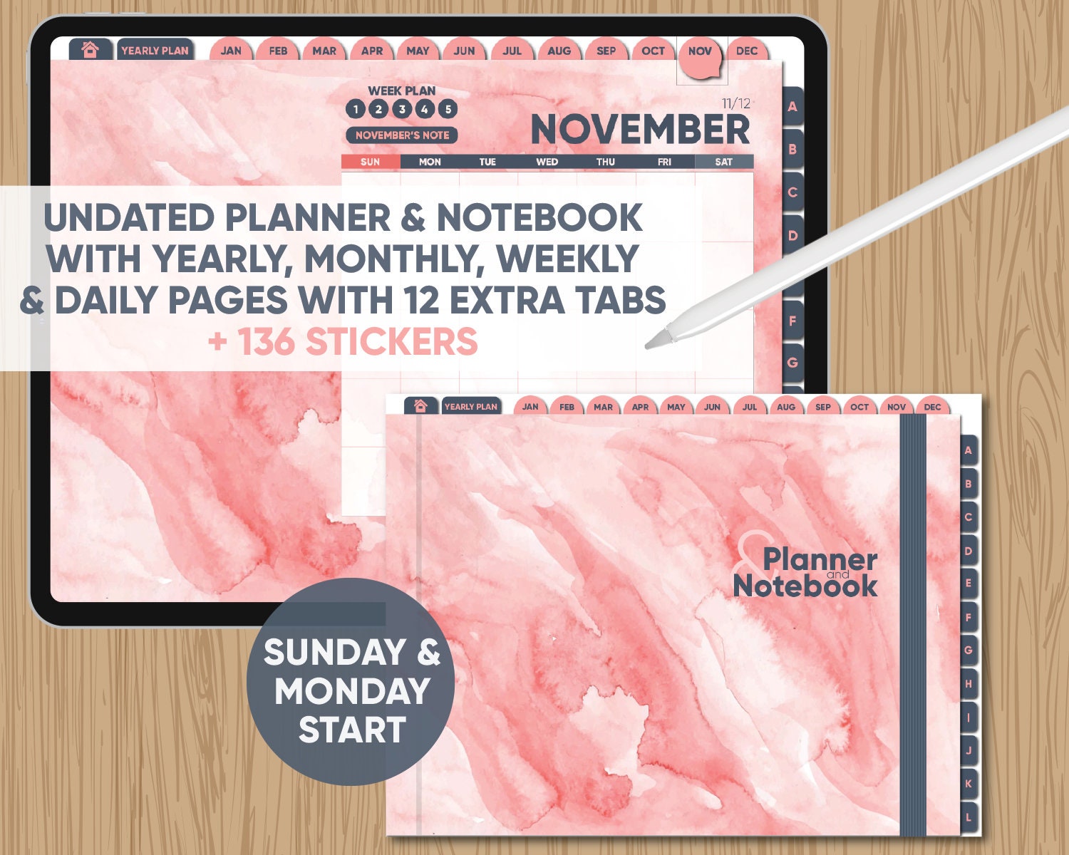 DIGITAL Undated Planner and Notebook Sun & Mon Start with | Etsy