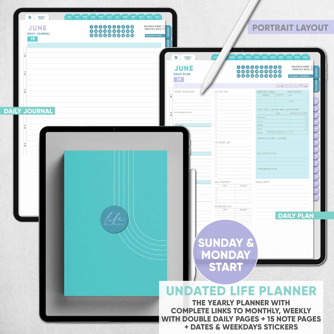 Undated Digital Life Planner | Hyperlinked Monthly, Weekly, Daily Pages ...