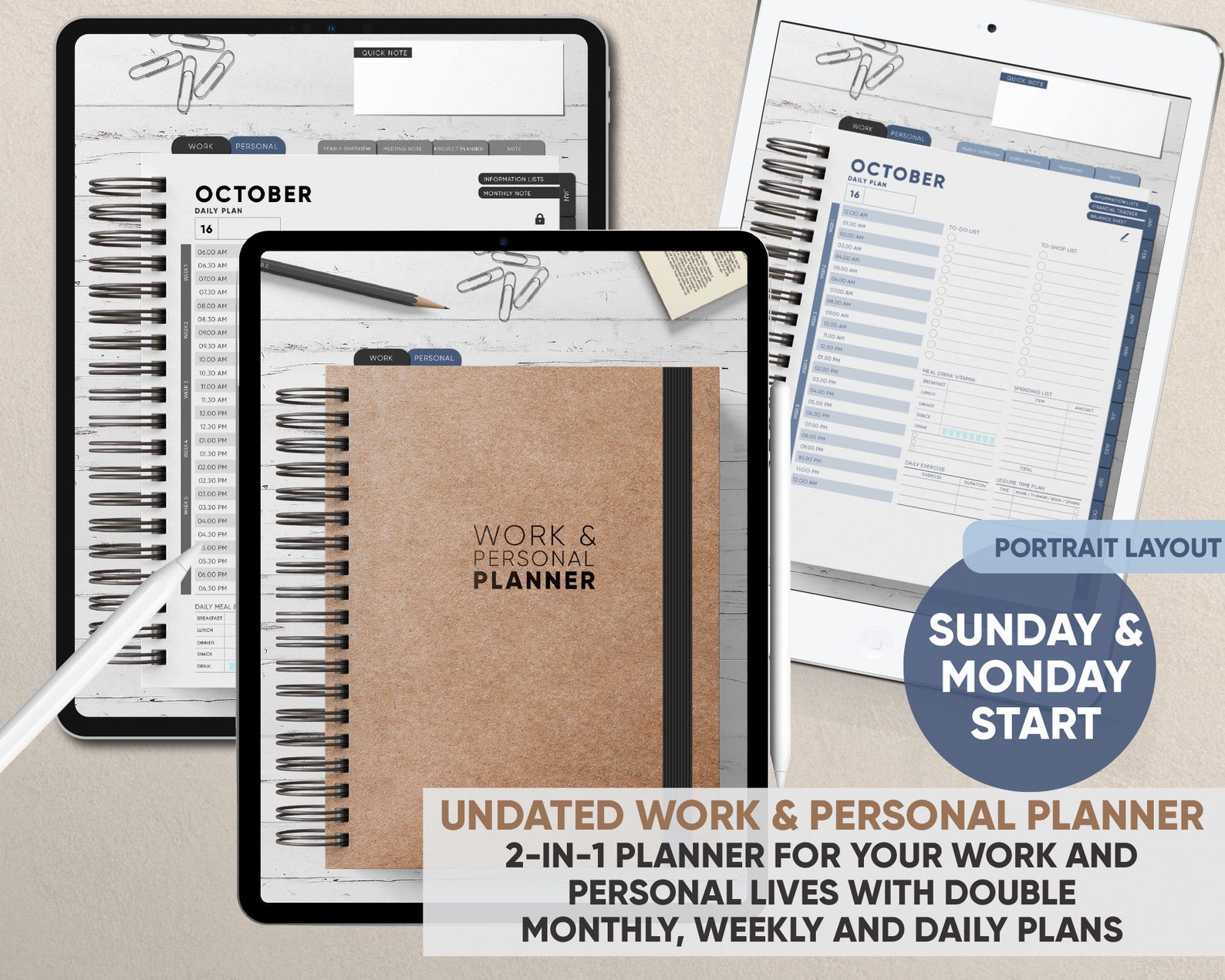 Undated Work and Personal Portrait Planner Complete Planner - Etsy