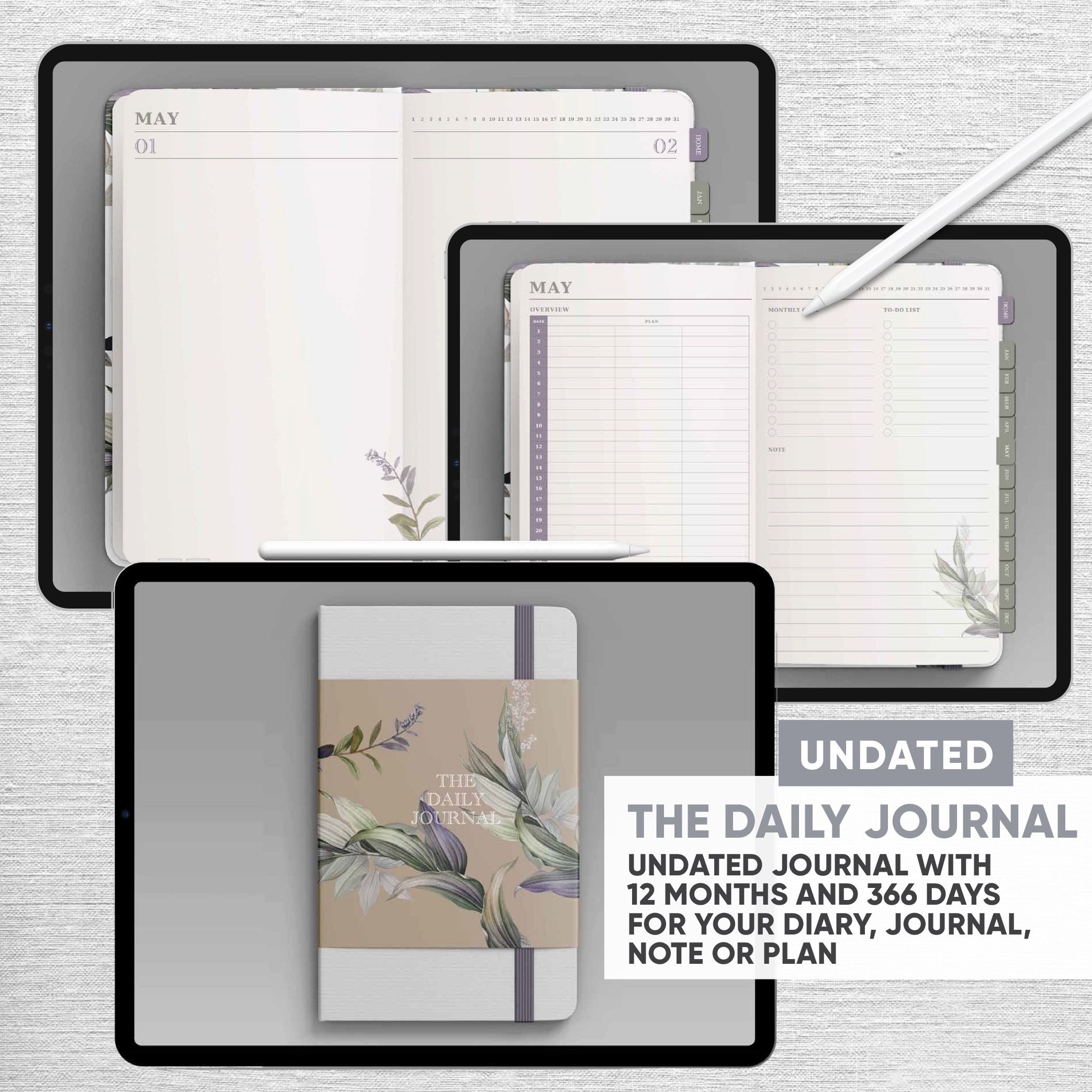 Undated Daily Journal With 12 Monthly Pages and 366 Daily Plans for ...
