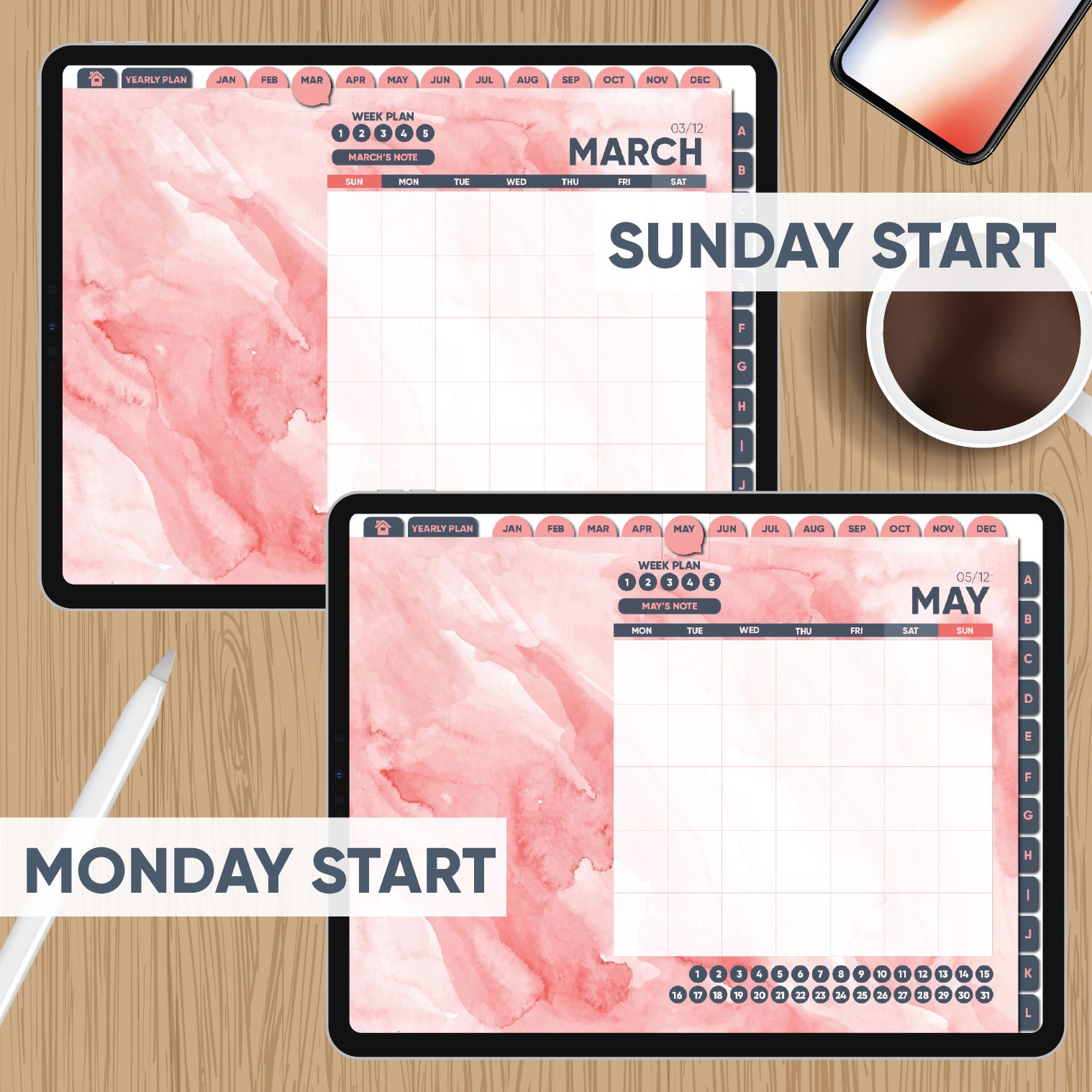 DIGITAL Undated Planner and Notebook Sun & Mon Start with | Etsy