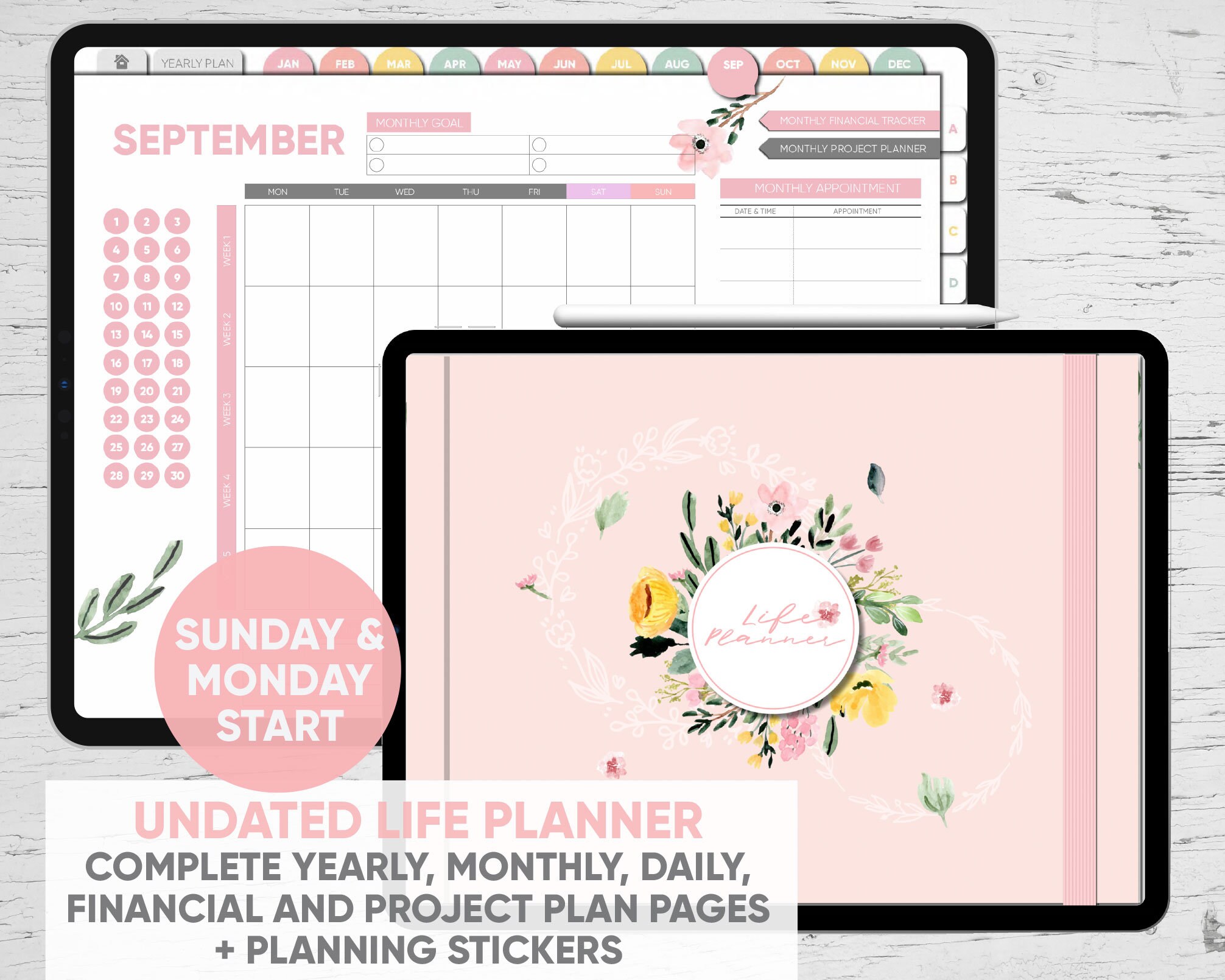 Undated DIGITAL Life Planner sun and Mon Start Complete | Etsy