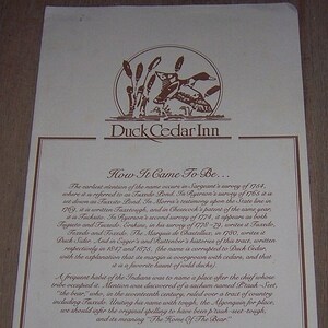 Duck Cedar Inn Tuxedo Park New York Vintage Restaurant Menu Vintage ...