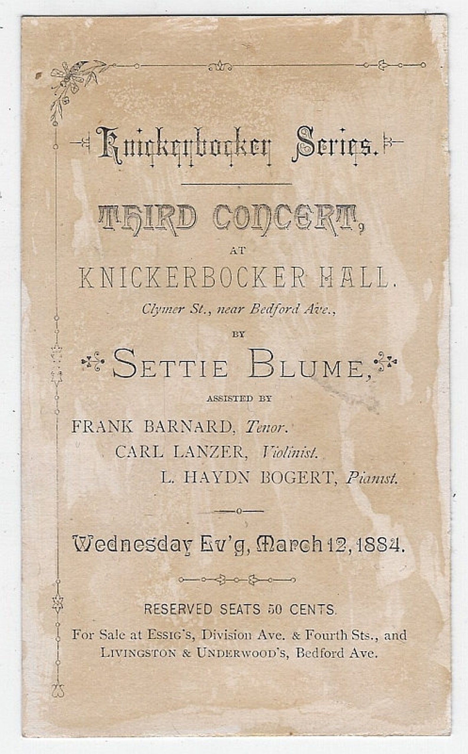 Knickerbocker Hall Concert by Settie Blume March 12, 1884 Lady ...