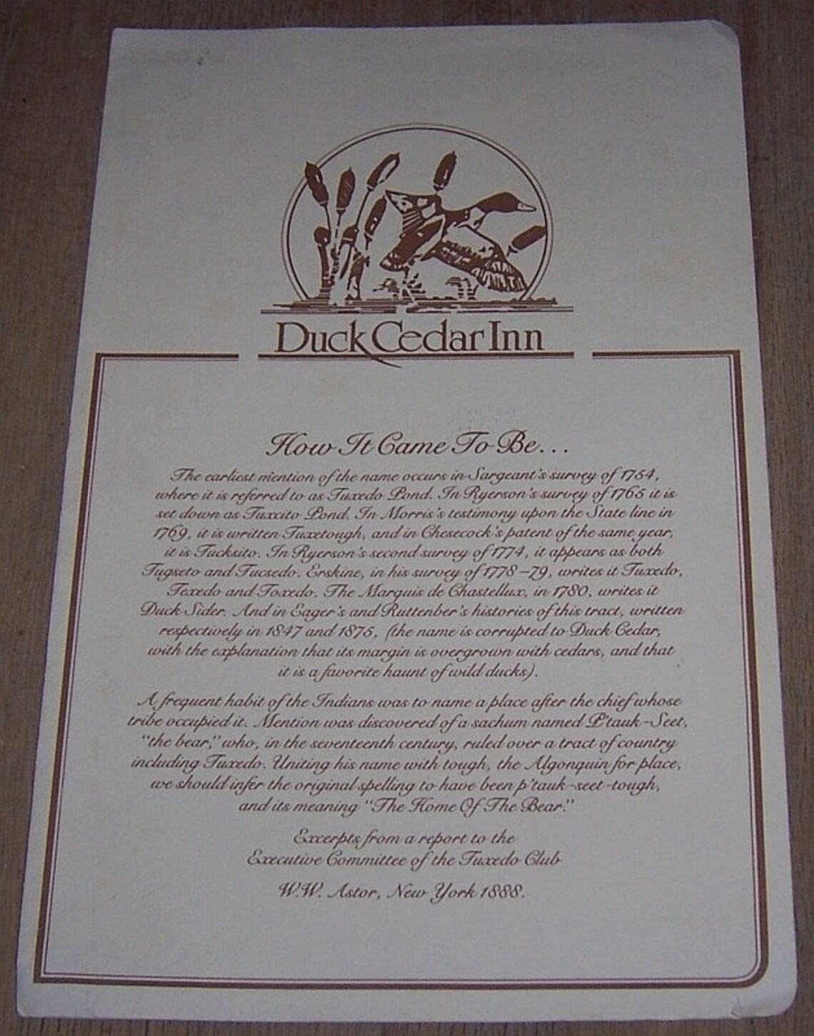Duck Cedar Inn Tuxedo Park New York Vintage Restaurant Menu Vintage ...