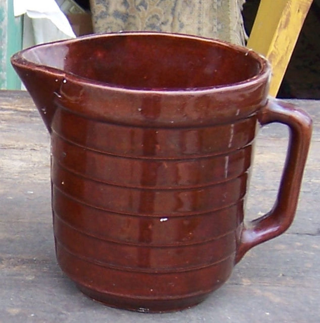 Vintage Pottery Batter Jug With Brown Glaze Marked USA Rustic Kitchen ...