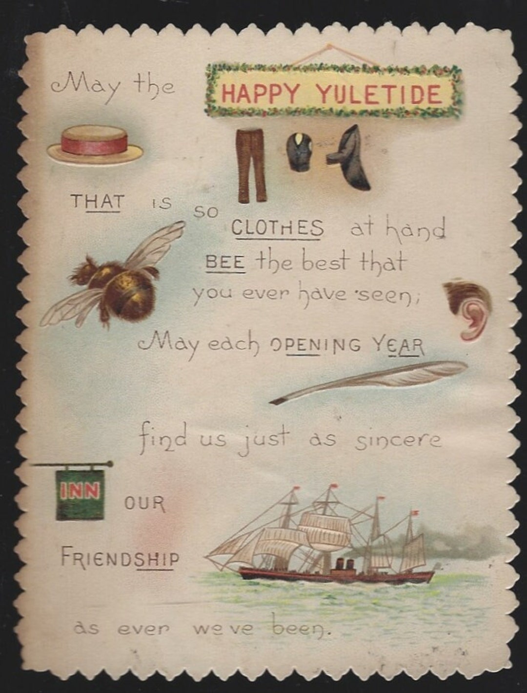 Happy Yuletide Rebus Message Vintage Holiday Card Christmas - Etsy