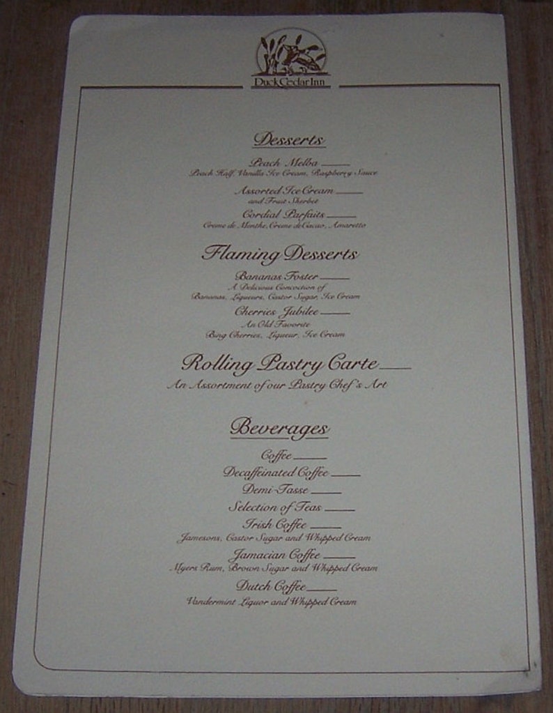 Duck Cedar Inn Tuxedo Park New York Vintage Restaurant Menu Vintage ...