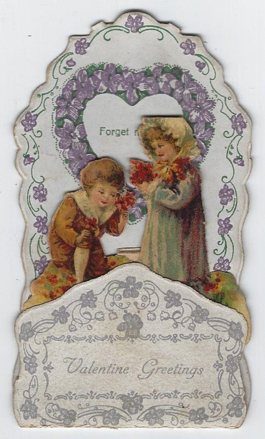 Little Boy and Little Girl Picking Flowers Forget Me Not Victorian Fold ...