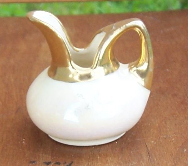 Miniature Pottery Pitchers Yellow With Gold Top, White Lustre Glaze ...