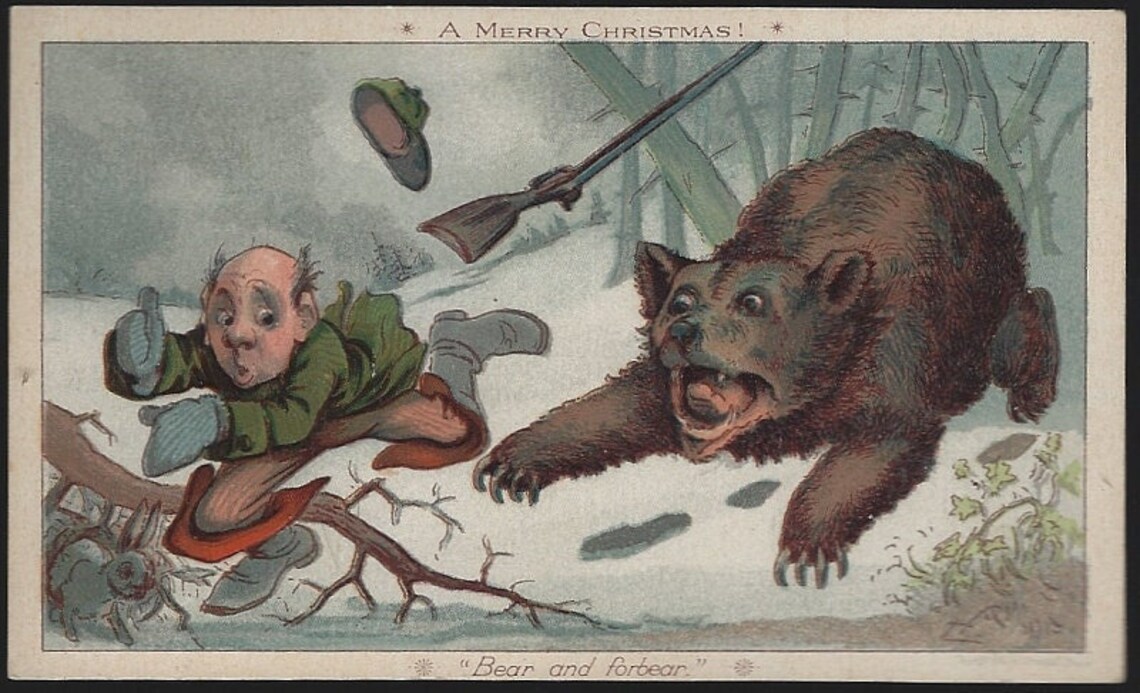Bear and Forbear Hunter Being Chased by Bear Vintage Merry Christmas ...