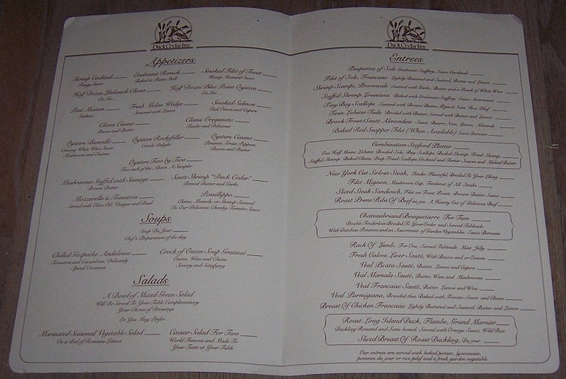 Duck Cedar Inn Tuxedo Park New York Vintage Restaurant Menu Vintage ...
