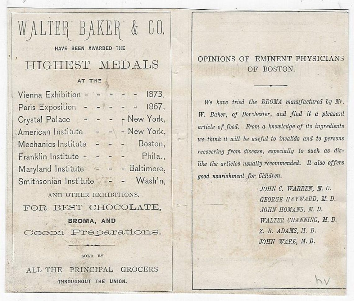 Walter Baker Chocolate, Cocoa and Broma Preparations, Dorchester ...