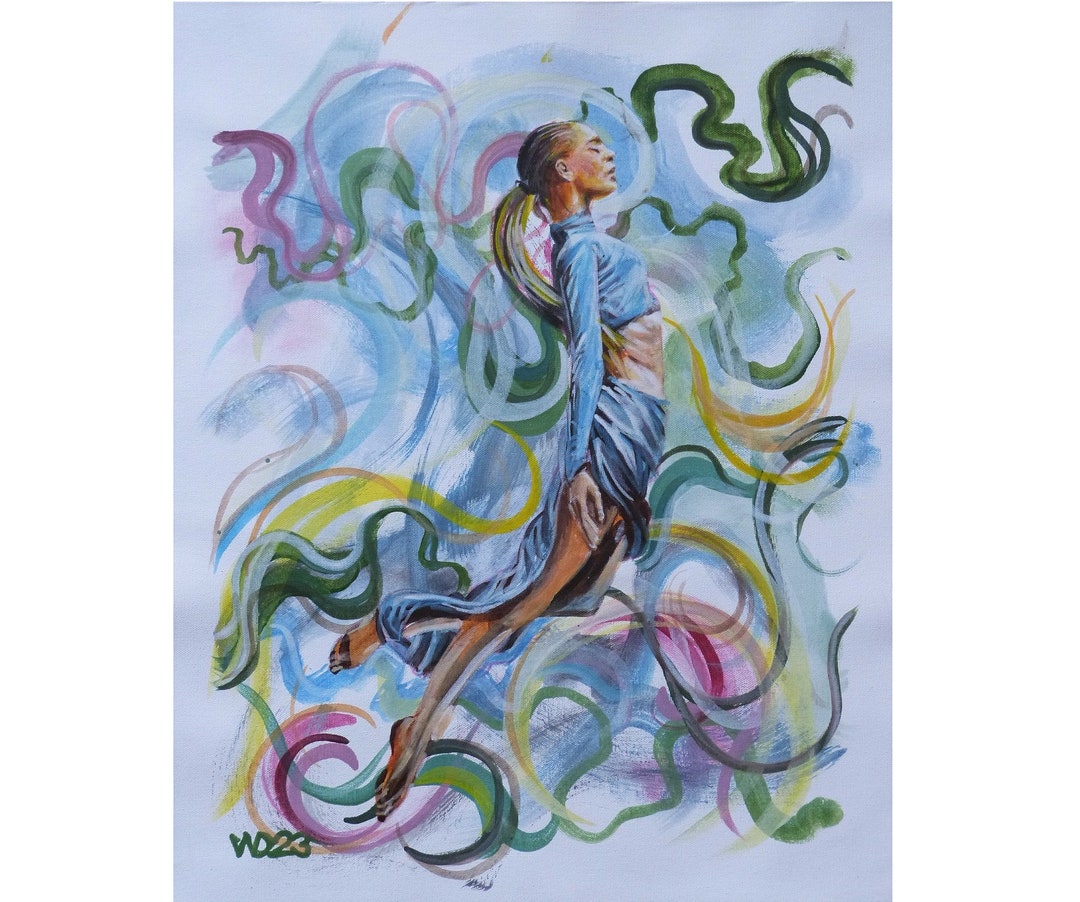 Women Jumping Acrylic Painting, Elegant Female Figure Painting, Vibrant ...