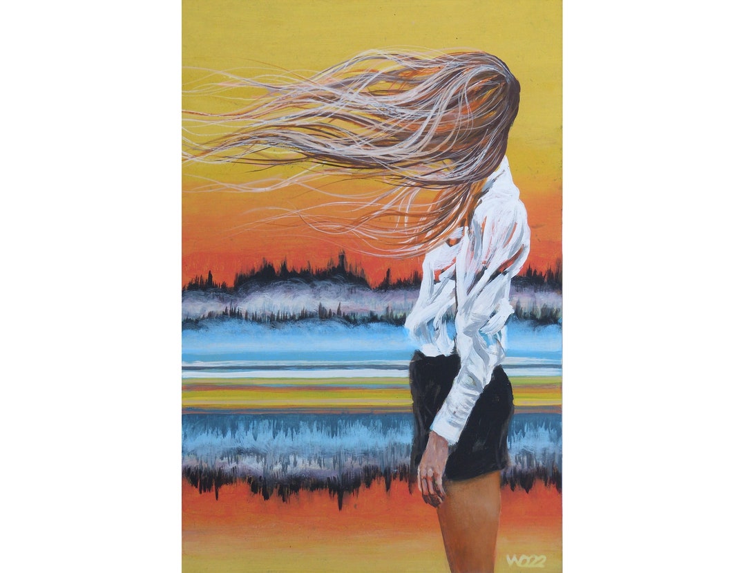 Gust of Wind Original Acrylic Painting, Blowing Hair in Serene Setting ...
