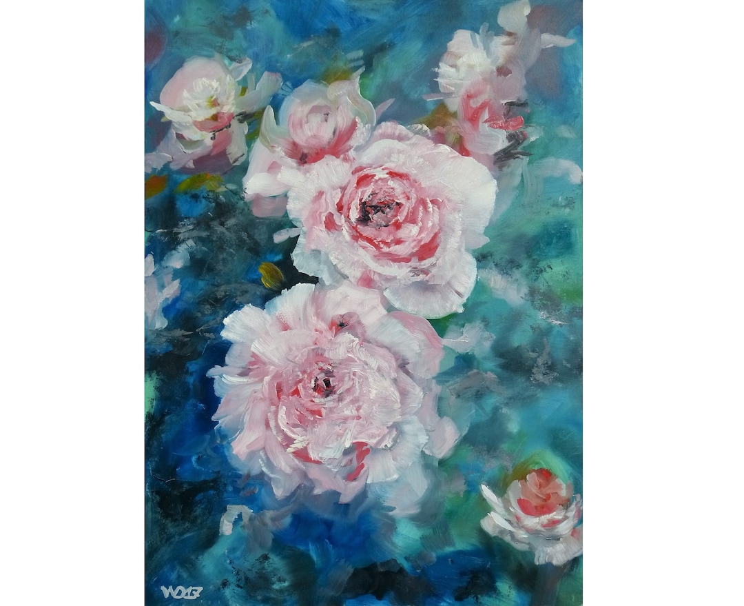 Roses - Hand-painted Rose Picture With Rosebushes in the Background, in ...