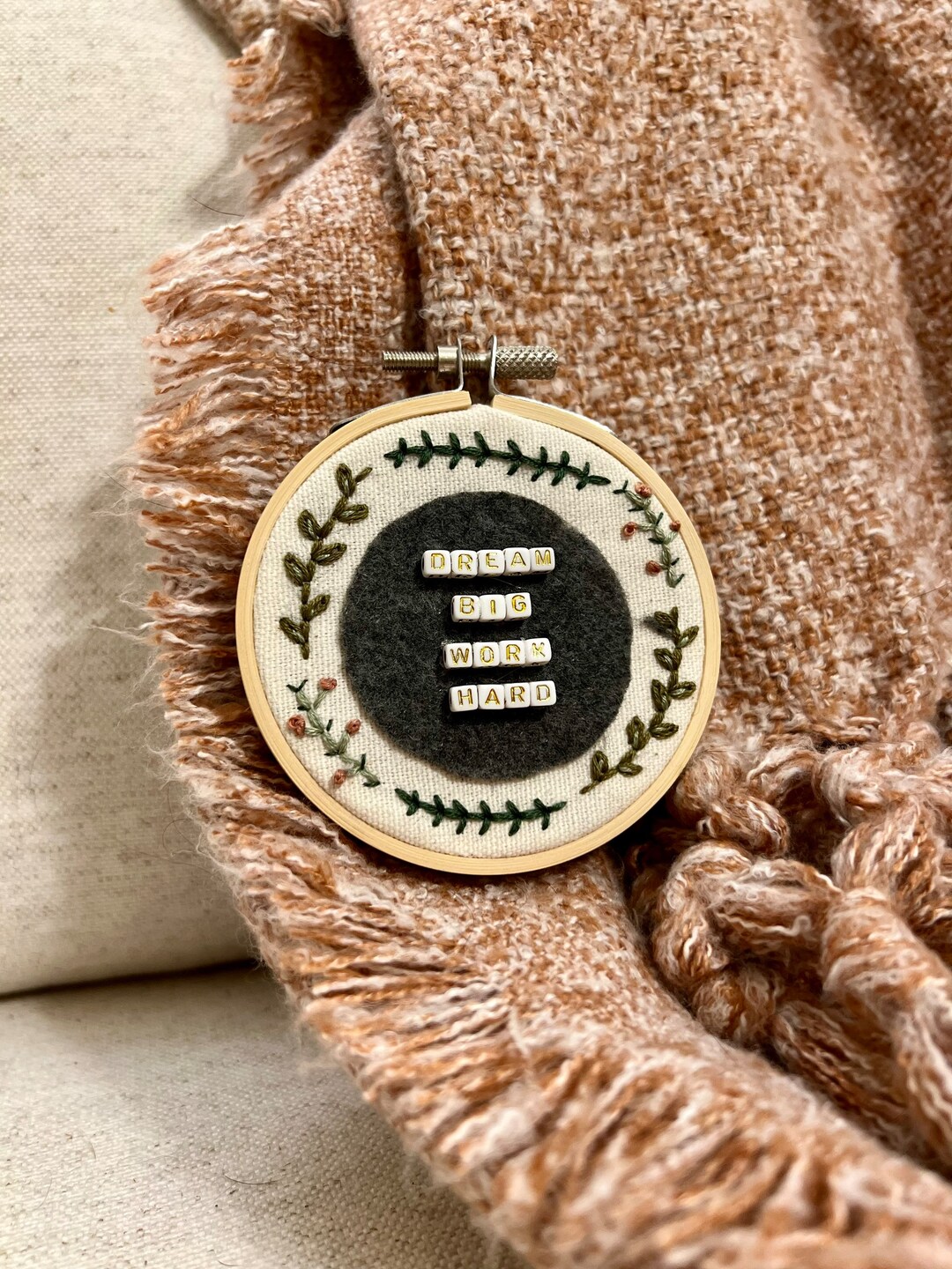 Dream Big, Work Hard 4" Finished Embroidery Piece - Embroidery Word Art ...