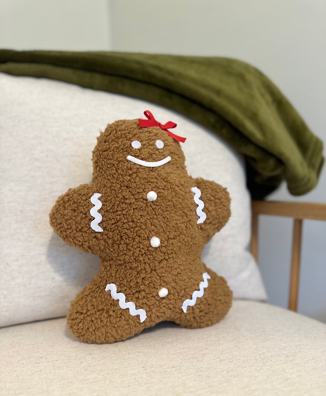 Plush Sherpa Gingerbread Pillow With Red Bow - Sherpa Christmas Pillow ...