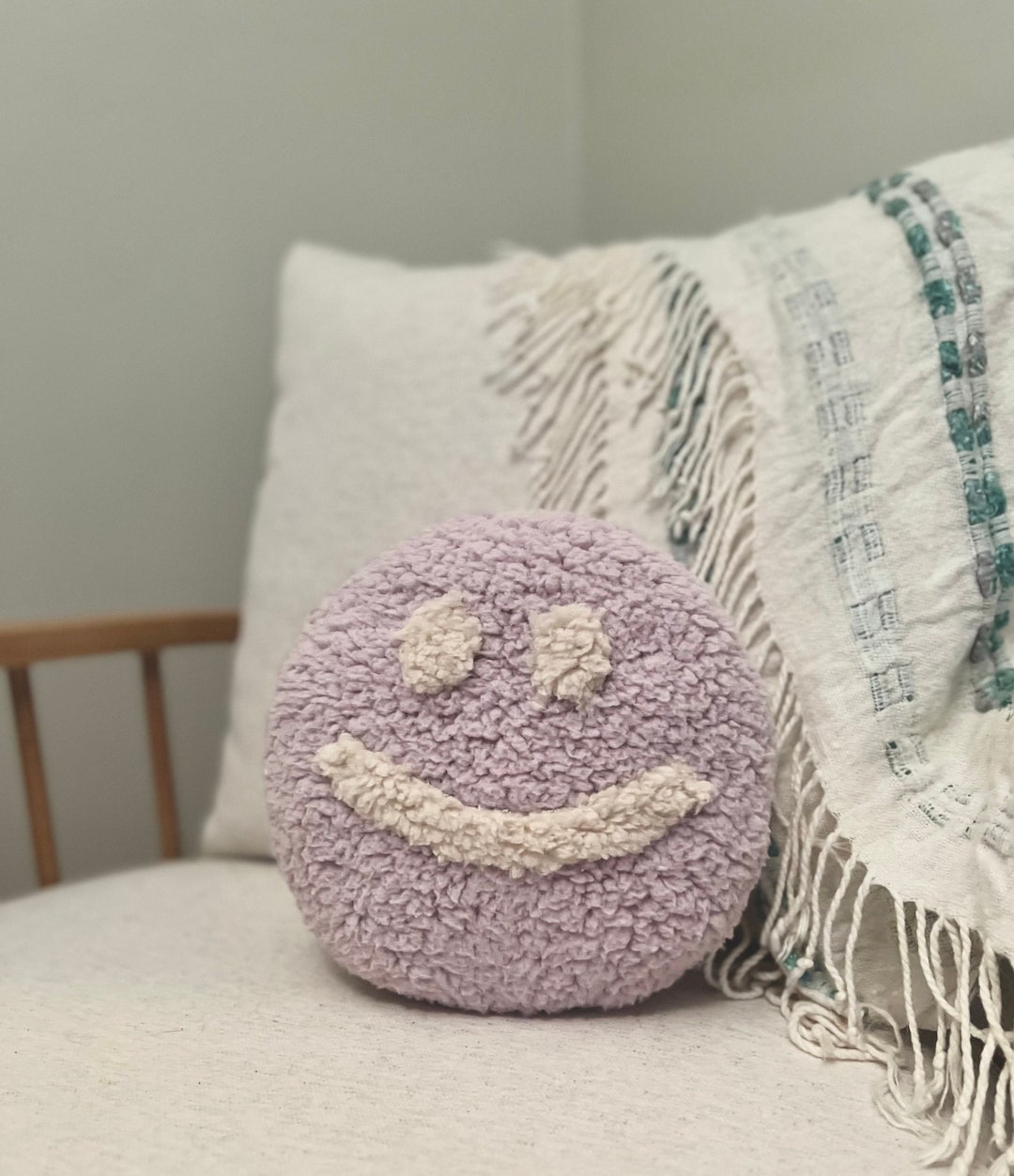 Plush Lilac Smiley Face Mini Sherpa Pillow - Smiley Face Pillow, Sherpa ...