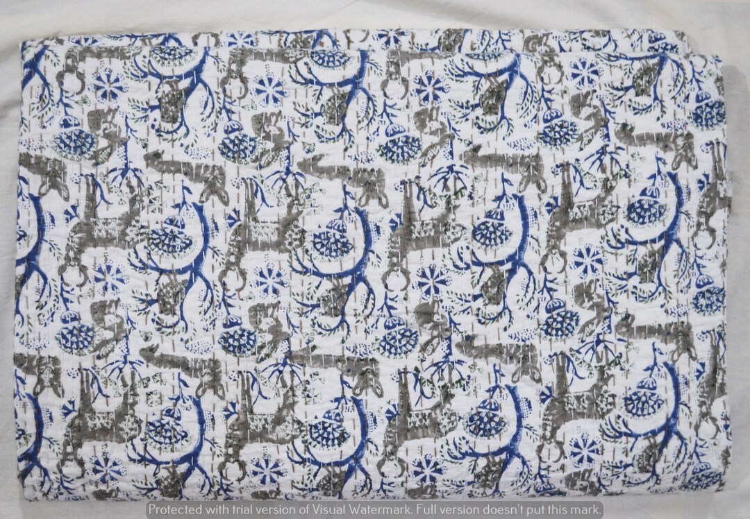 Hand Block Print Bedspread Kantha Handmade Organic Cotton Applique ...