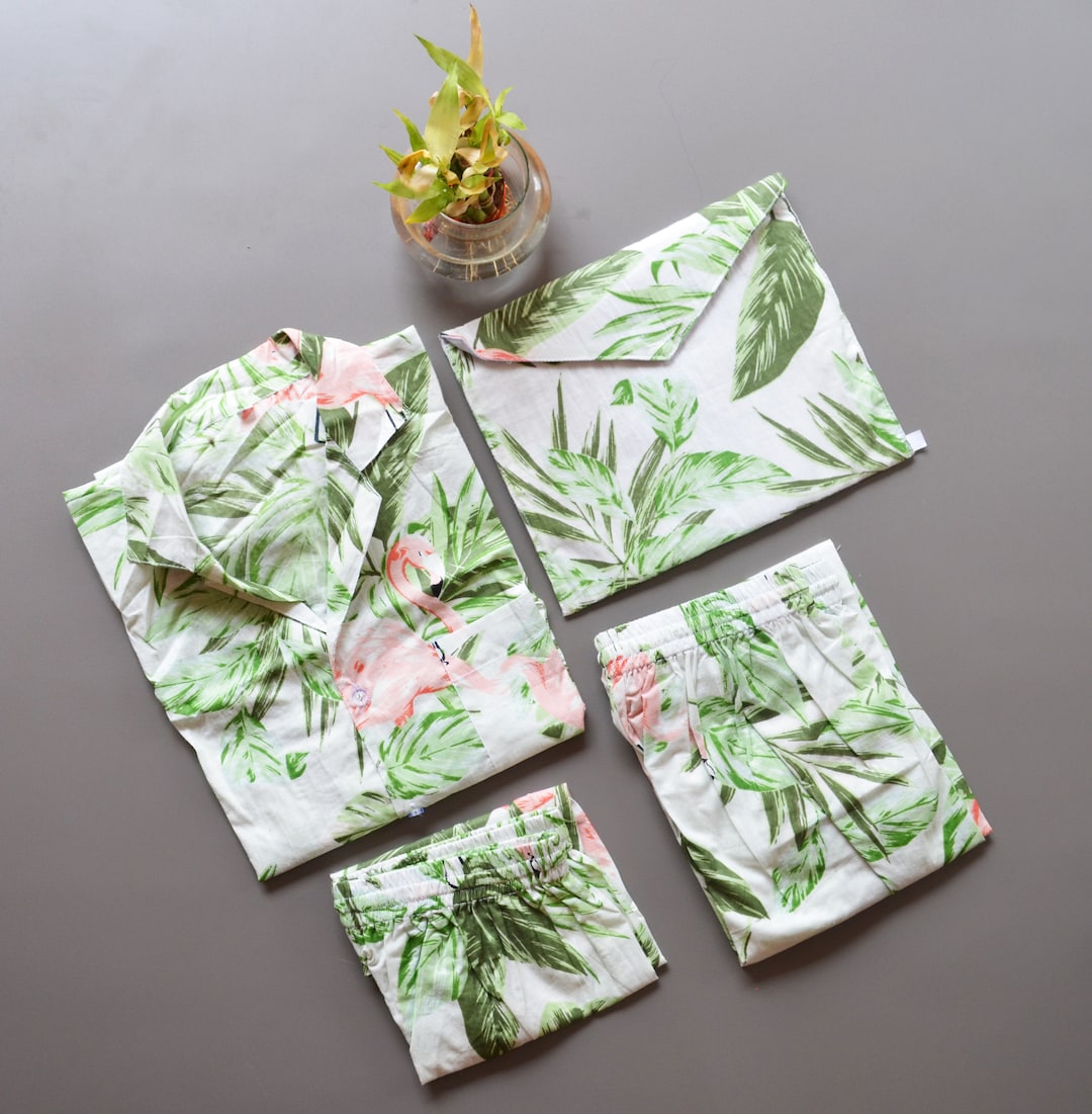 Flamingo Block Print Night Dress, Indian Cotton Handmade Pajama Set ...