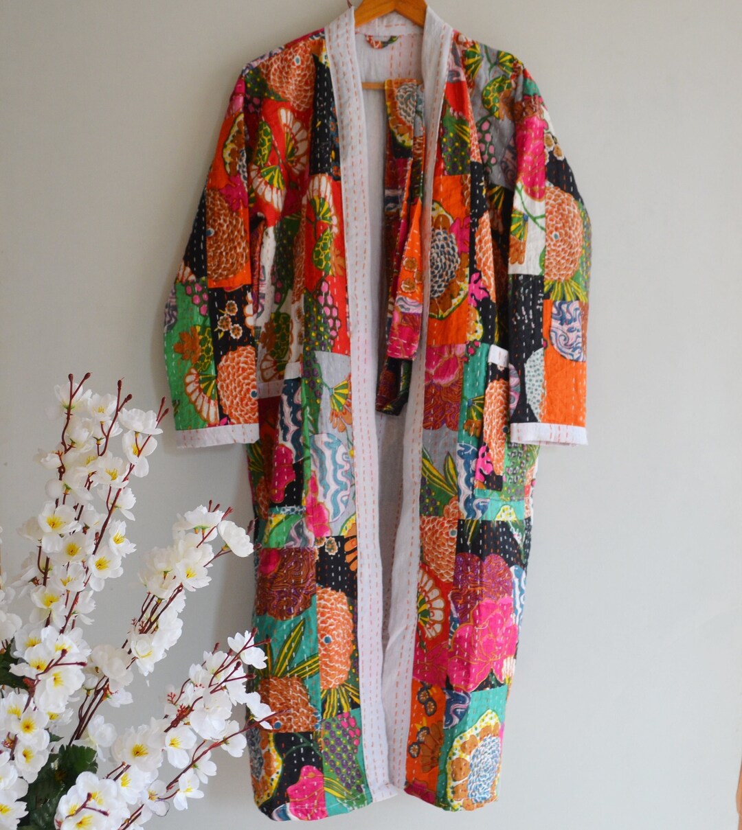 Indian Pure Cotton Kantha Quilt Jacket, Fruit Patch Block Print Kantha ...