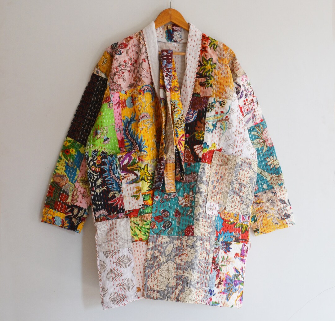 Screen Patchwork Kantha Short Jacket, Unisex Free Size Short Jacket ...