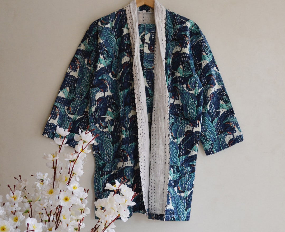 Indian Block Print Voile Cotton Kantha Quilted Leaf Print Jacket for ...