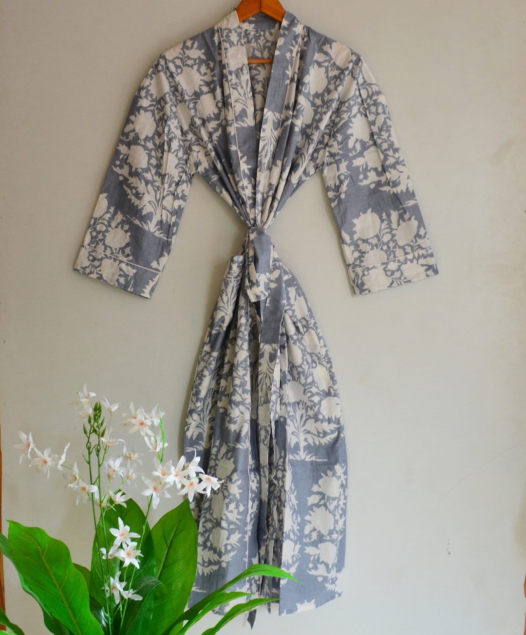 Floral Hand Block Print Bathrobe Dress, Organic Handmade Cotton Kimono ...