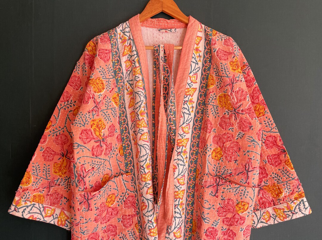 Jaipuri Kantha Kimono !! Indian Block Print Gudari Robe, Organic Cotton ...