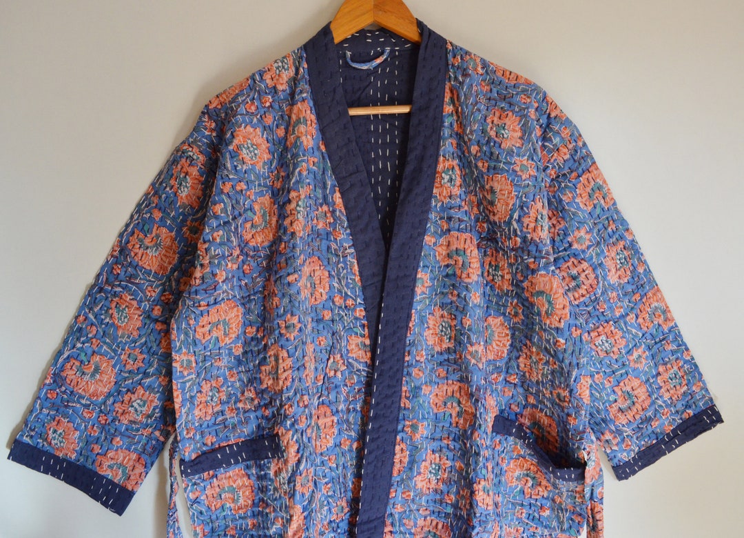 Jaipuri Kantha Kimono !! Indian Block Print Gudari Robe, Organic Cotton ...